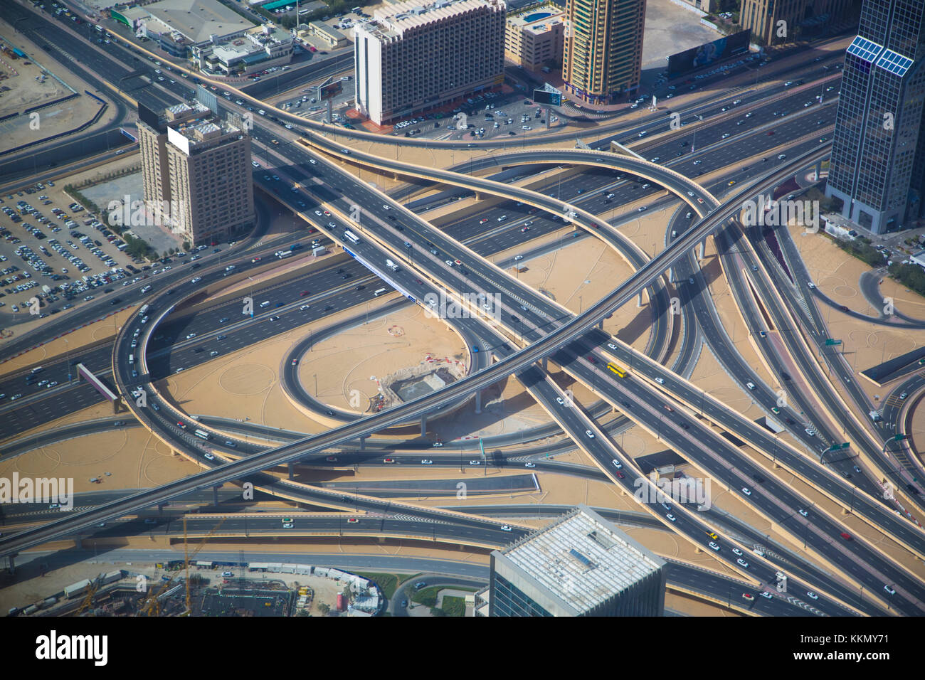 Aerial view of a complex highway overpass in Dubai, UAE. Modern busy ...