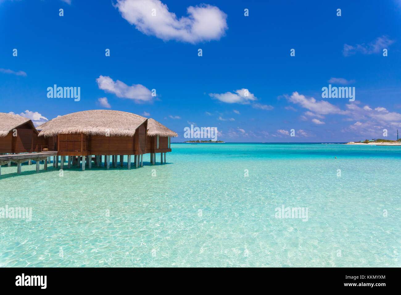 Spectacular view of the sea in Maldives. There are over water bungalows ...