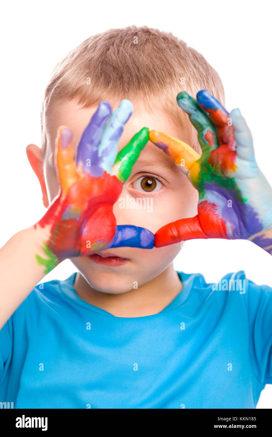 portrait of caucasian child with painted hands isolated on white ...