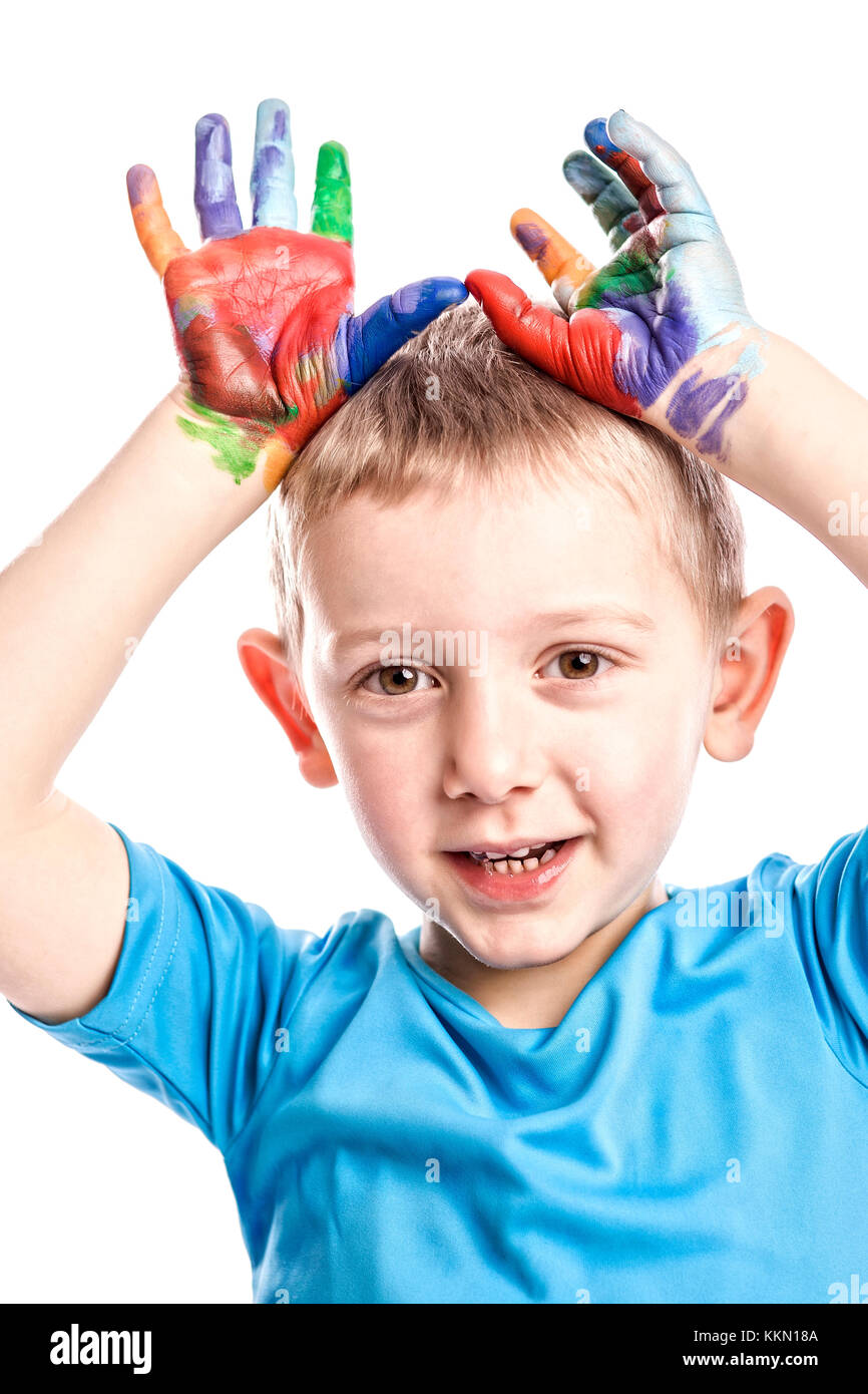 portrait of caucasian child with painted hands isolated on white ...
