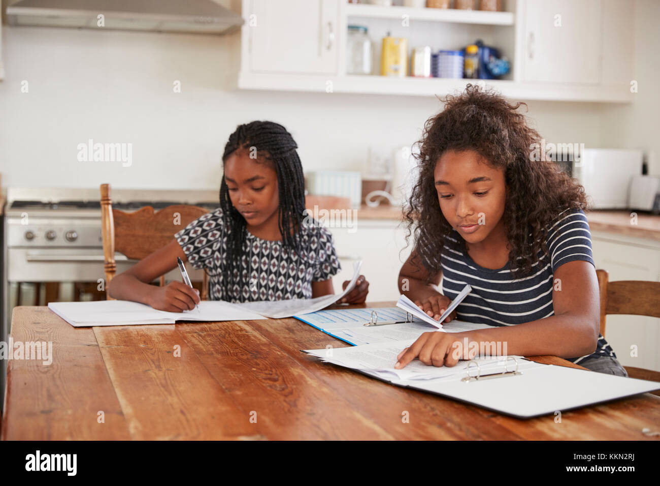 Two Sisters Sitting At Table In Kitchen Doing Homework Stock Photo - Alamy
