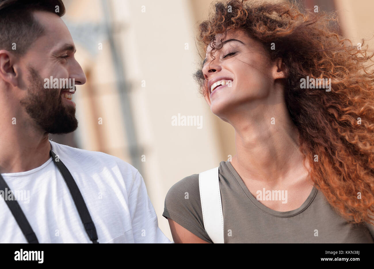 Happy smiling tourists walking and enjoying the view Stock Photo - Alamy