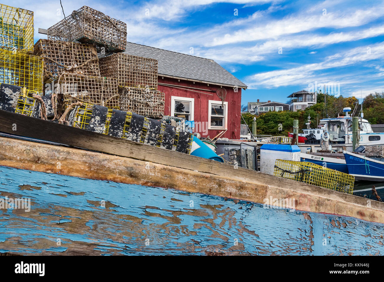 Fishing shack, lobster traps and boats in the village of Menemsha ...