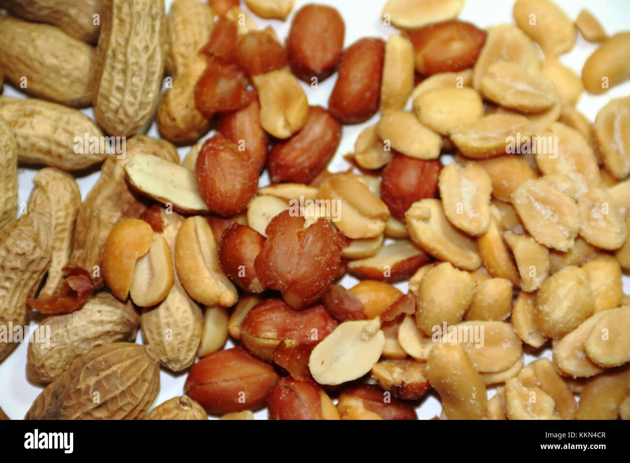 variety of salty peanuts with and without peel on white background ...