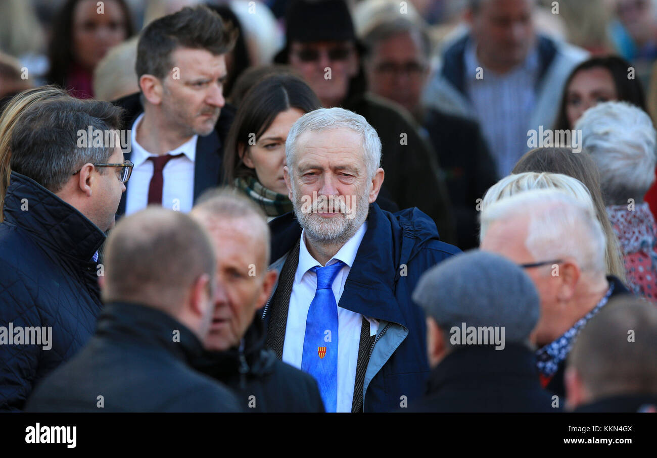 Labour leader Jeremy Corbyn leaves following the funeral of former ...