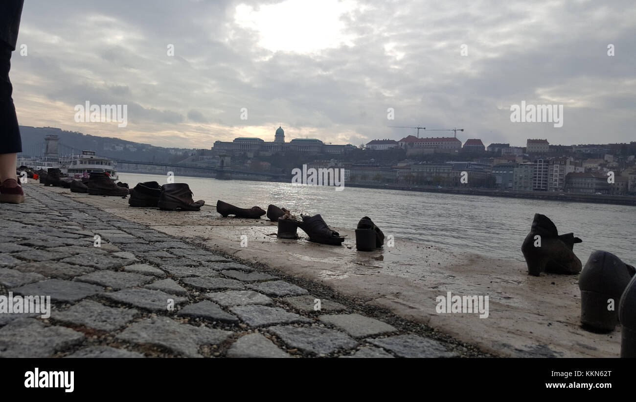 11-30-2017 budapest hungary Shoes on the Danube Promenade statue near ...
