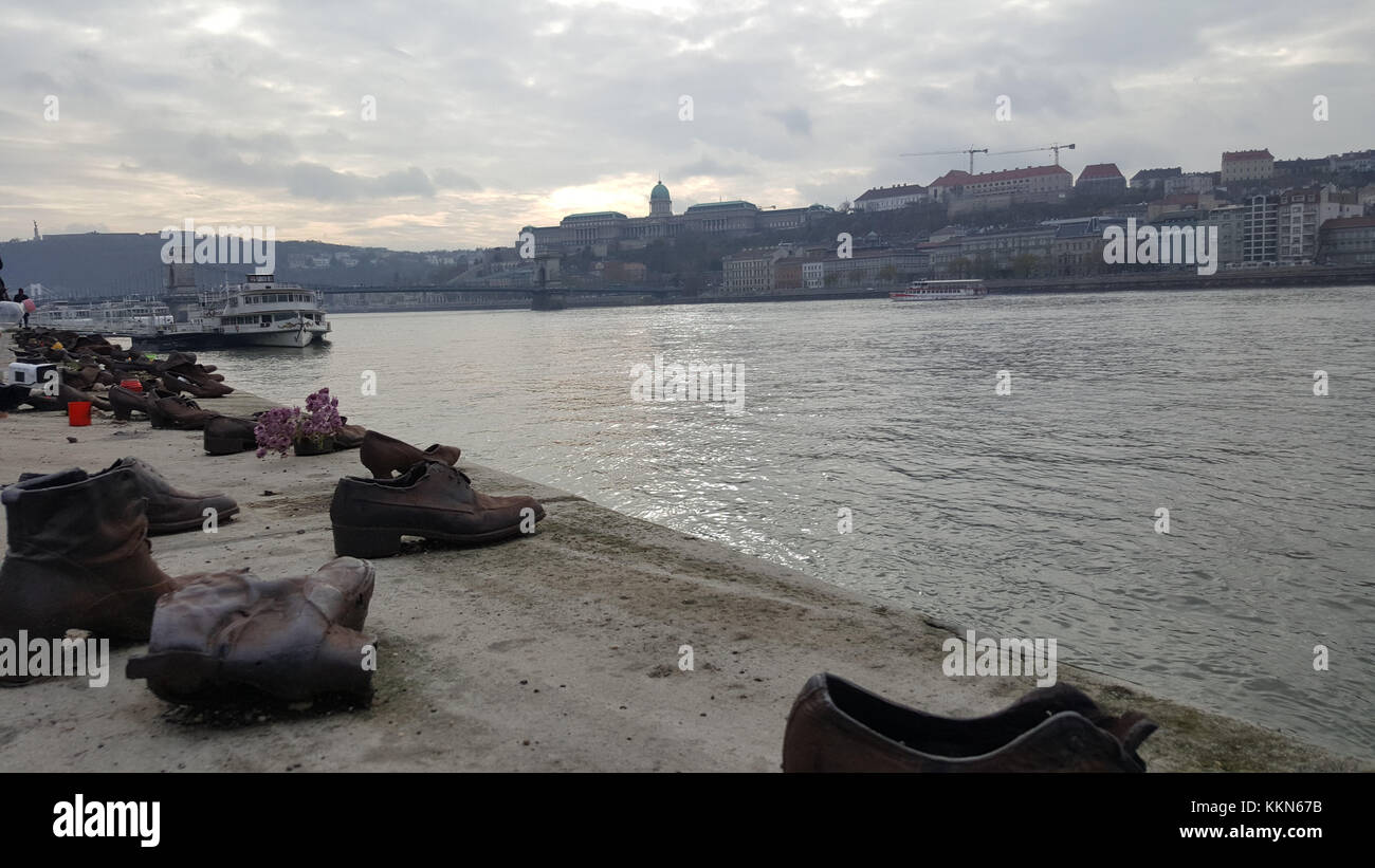 11-30-2017 budapest hungary Shoes on the Danube Promenade statue near ...