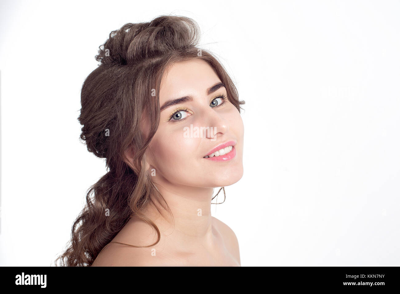 Close up portrait of thoughtful woman with gorgeous long wavy brown ...