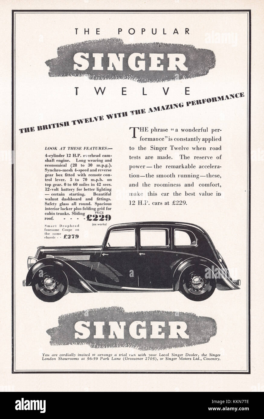 1938 UK Magazine Singer Car Advert Stock Photo - Alamy