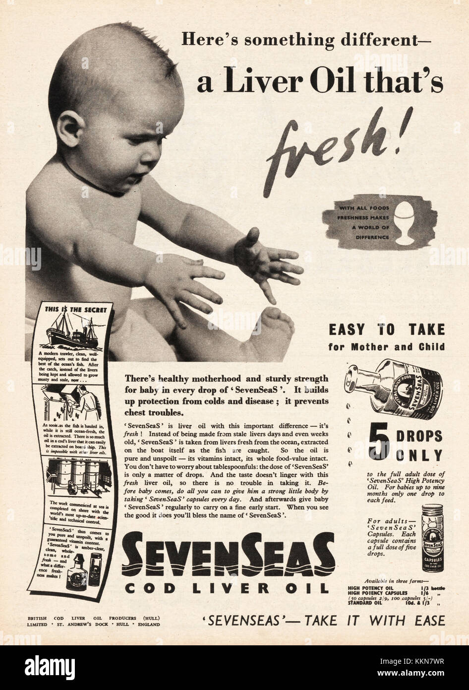 1938 UK Magazine SevenSeas Cod Liver Oil Advert Stock Photo - Alamy