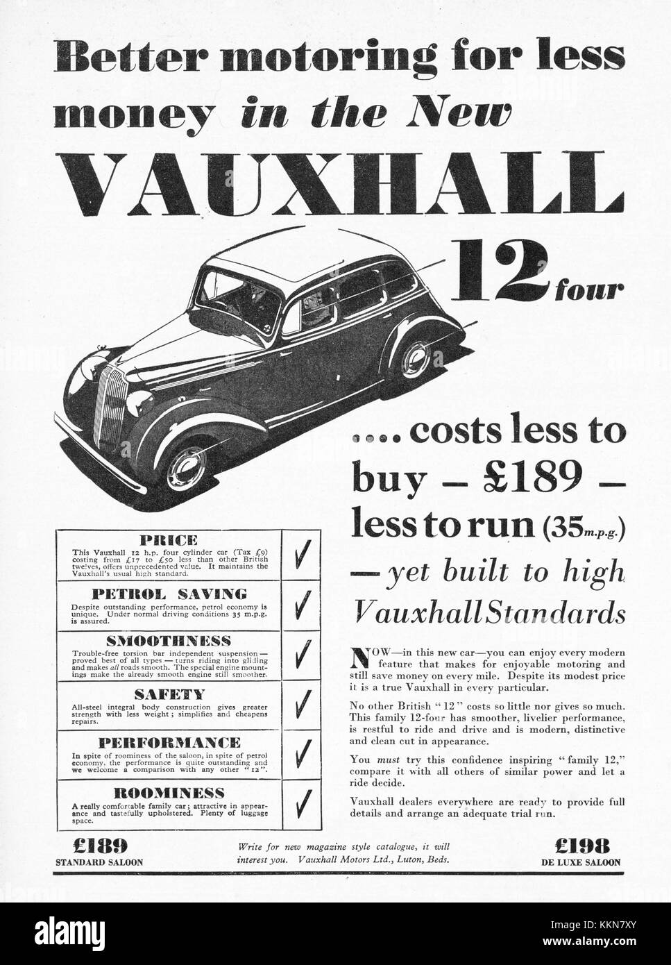 1938 UK Magazine Vauxhall Car Advert Stock Photo - Alamy
