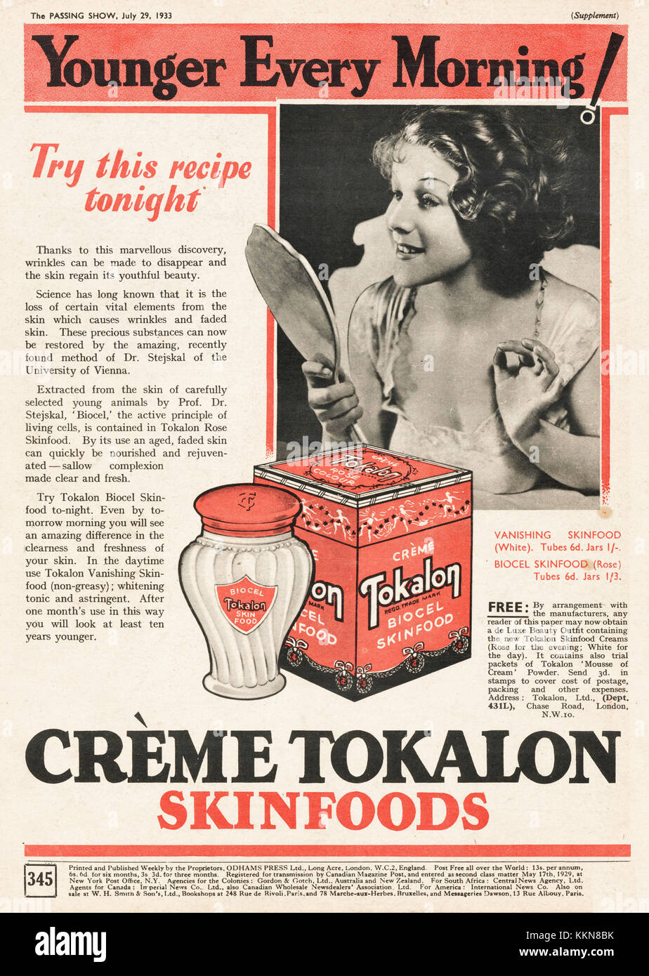1933 UK Magazine Tokalon Skinfoods Advert Stock Photo - Alamy