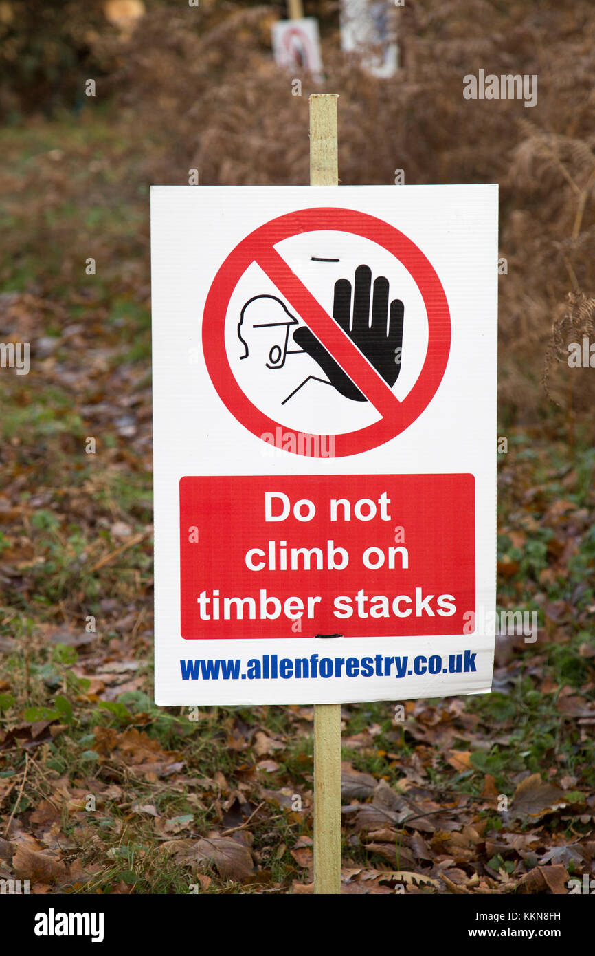 Forestry tree felling signs on Upper Hollesley Common, Suffolk, England ...