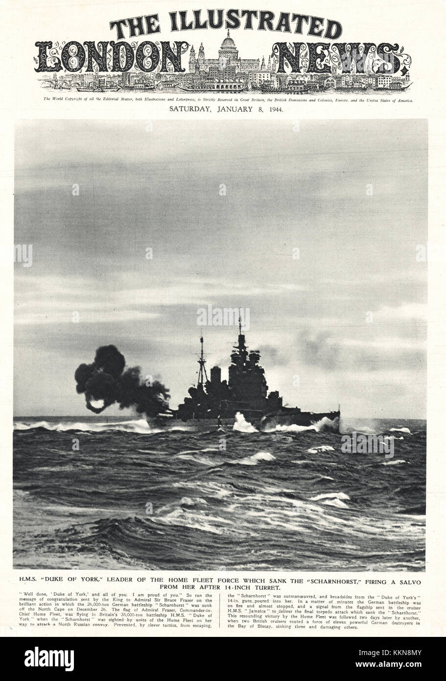 1944 Illustrated London News HMS Duke of York in action Stock Photo - Alamy