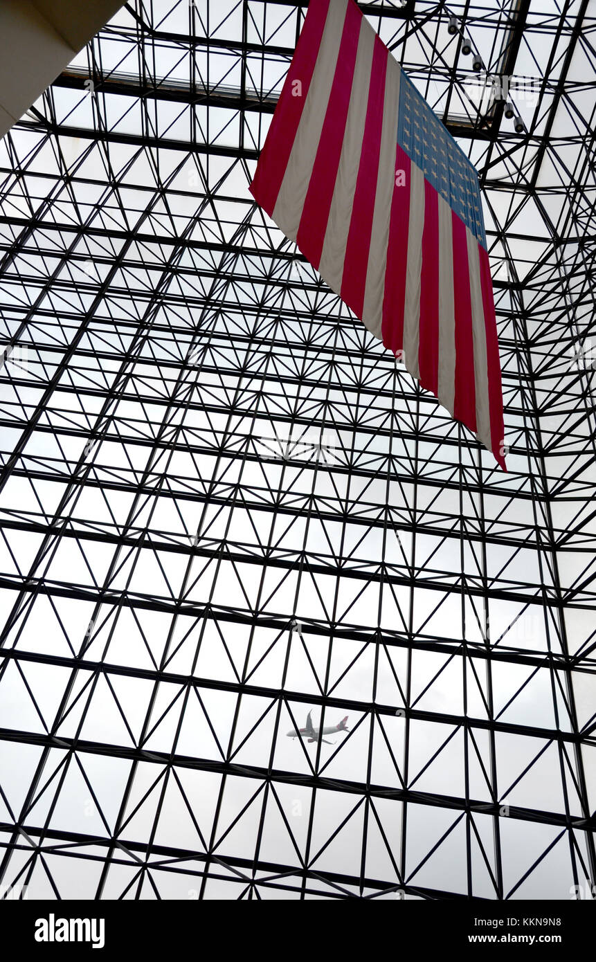 The American stars and stripes flag inside the JFK Memorial Library and ...