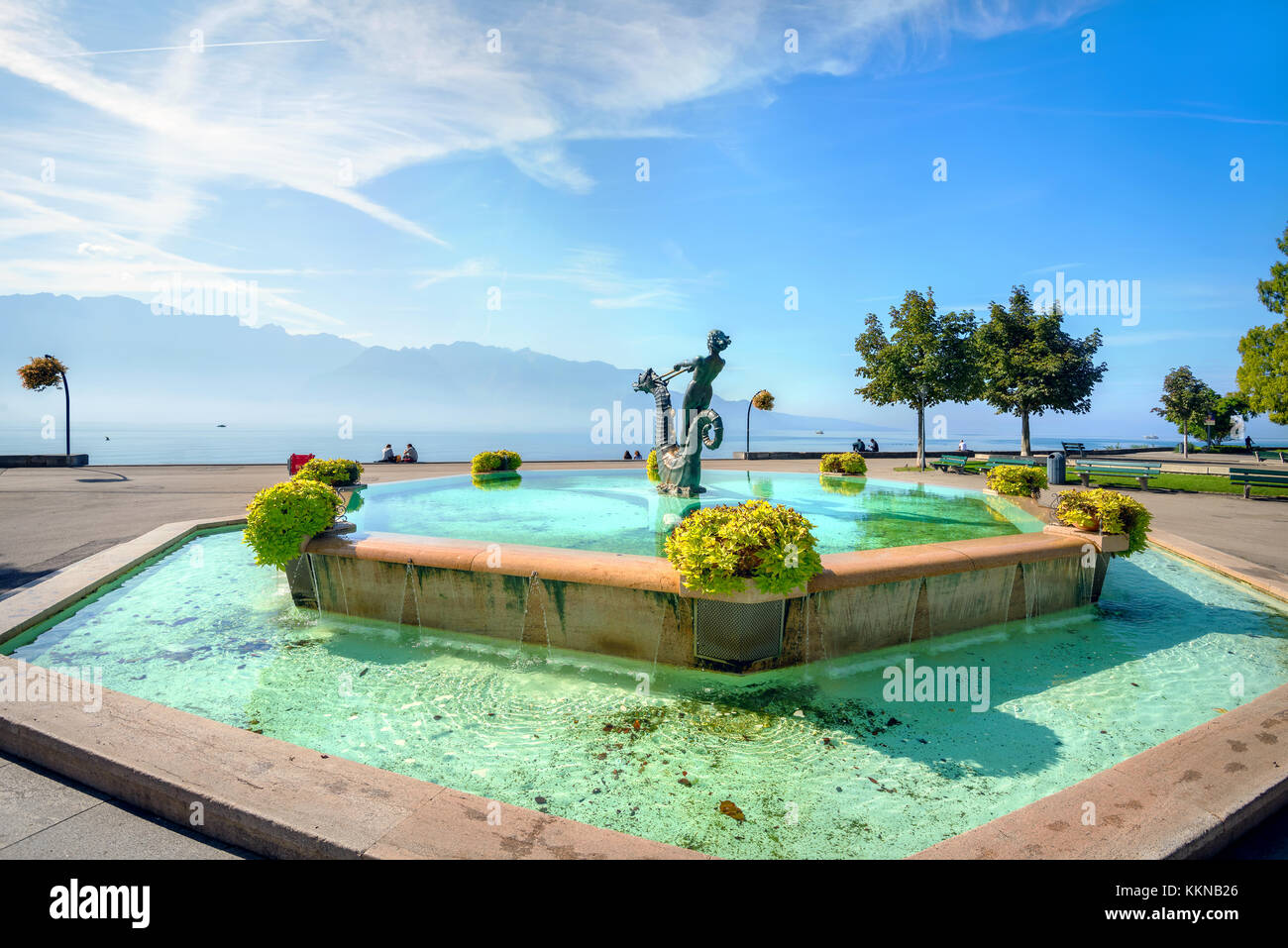 Beautiful fountain on seafront in Vevey town. Lake Geneva, Vaud canton ...