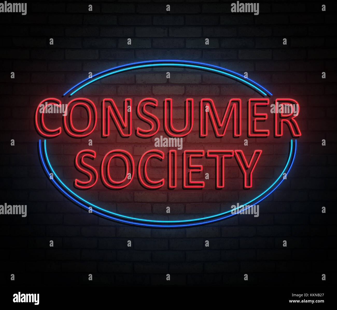 3d Illustration depicting an illuminated neon sign with a consumer ...