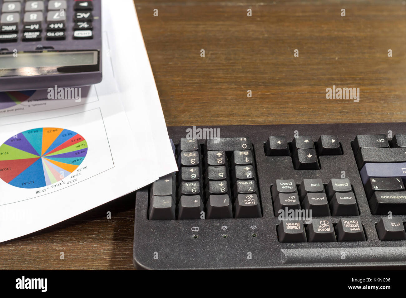 Keyboard, calculator and report paper on vintage office wooden desk ...
