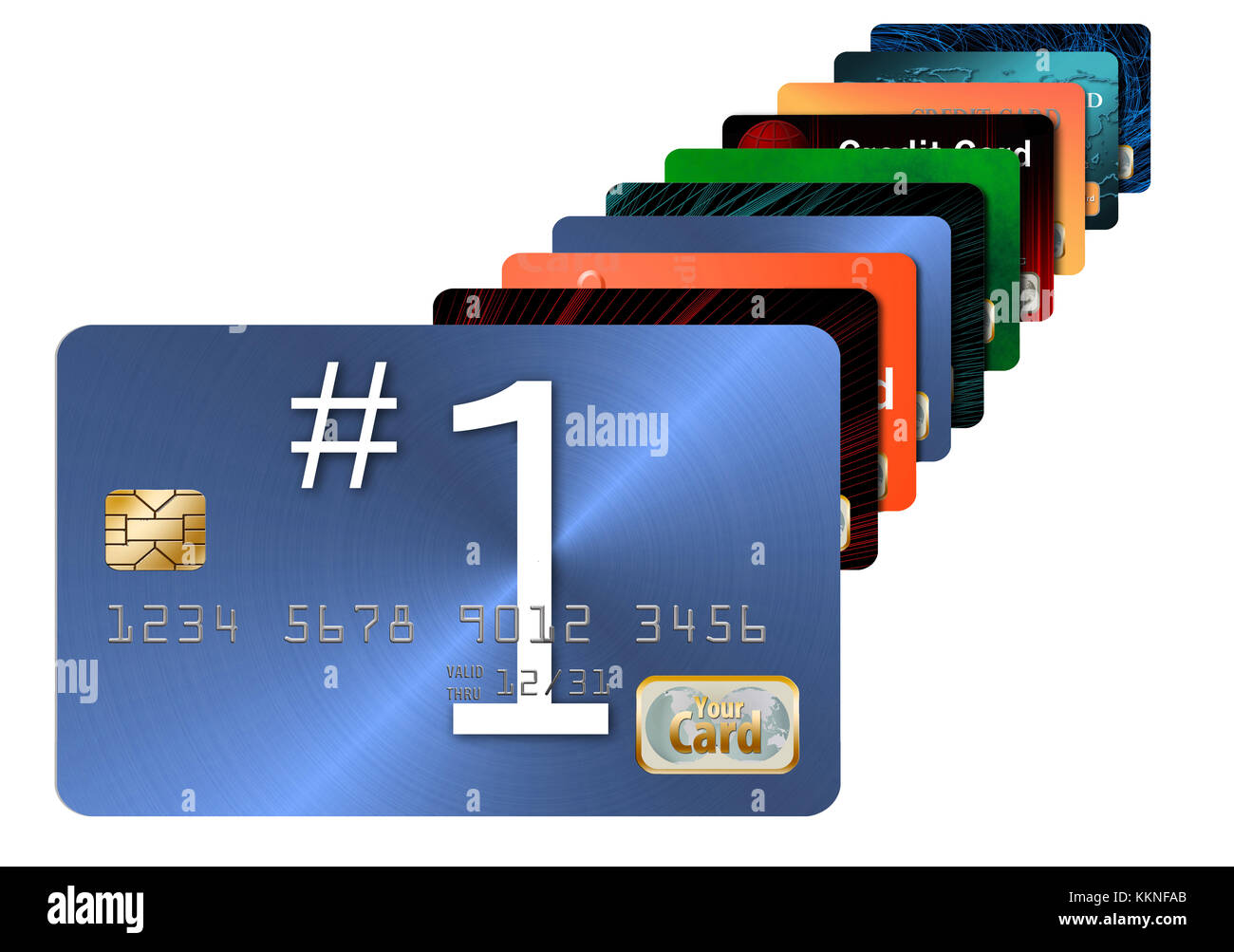 Ten credit cards are lined up with the one in front decorated with a ...