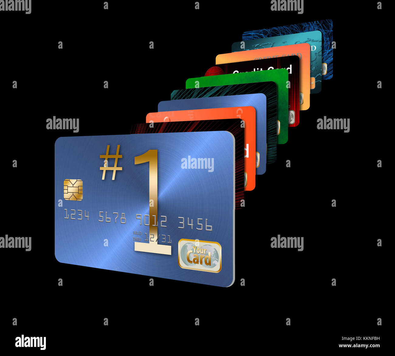 Ten credit cards are lined up with the one in front decorated with a ...