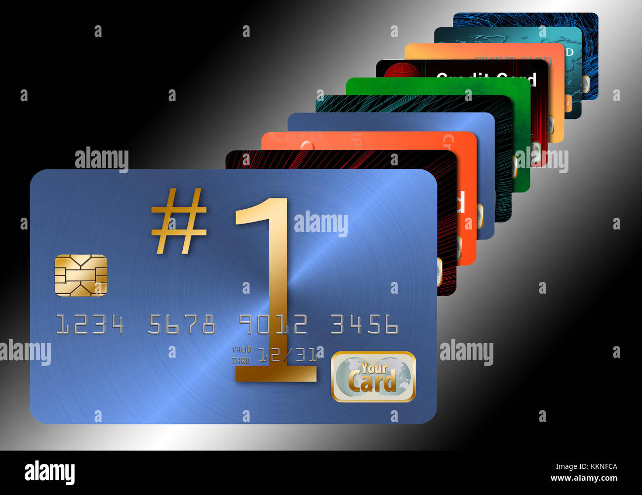 Ten credit cards are lined up with the one in front decorated with a ...