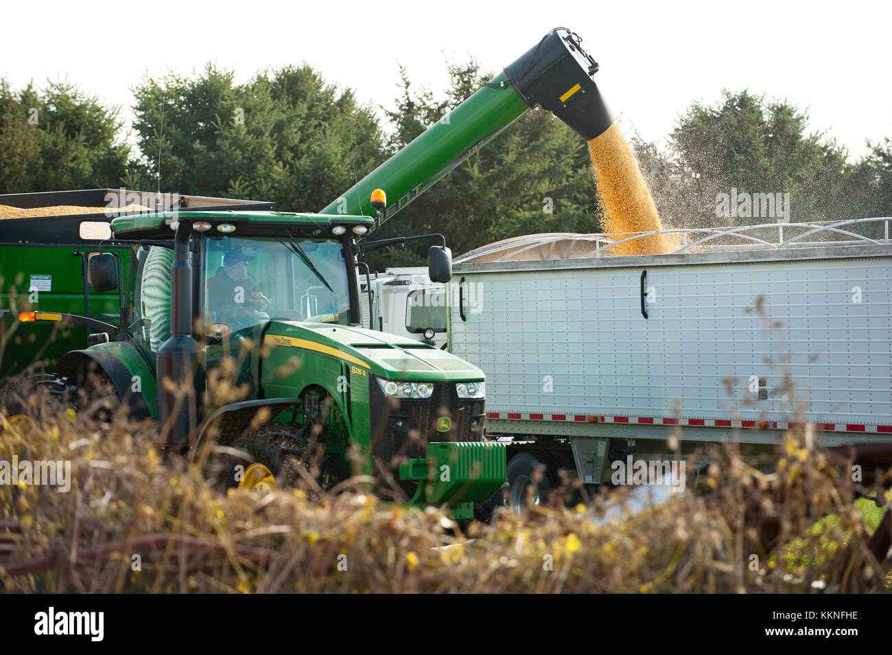 JOHN DEERE TRACTOR TRACTOR UNLOADING HARVESTED CORN FROM HOPPER IN TO ...