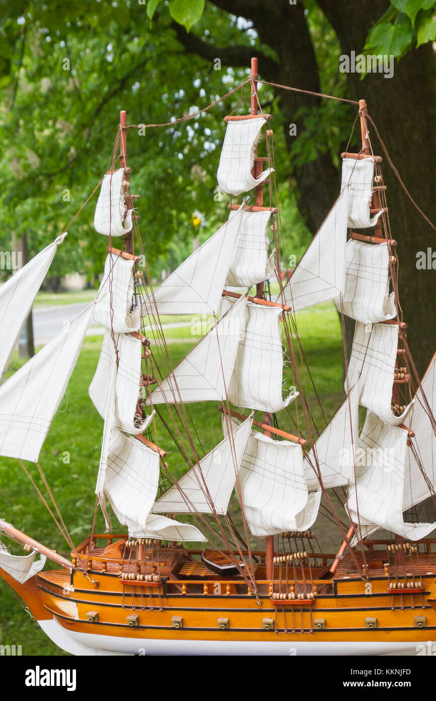 Wooden ship model made by hand on the street in the summer Stock Photo ...