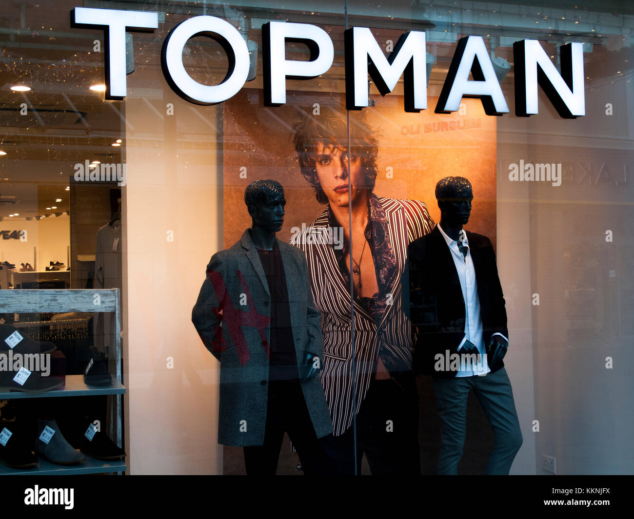 Topman mens high street fashion store sign and window display, part of ...