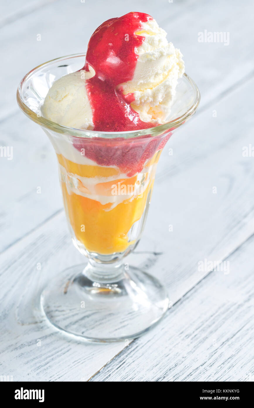 Bowl of Peach Melba - vanilla ice cream with peaches and raspberry ...