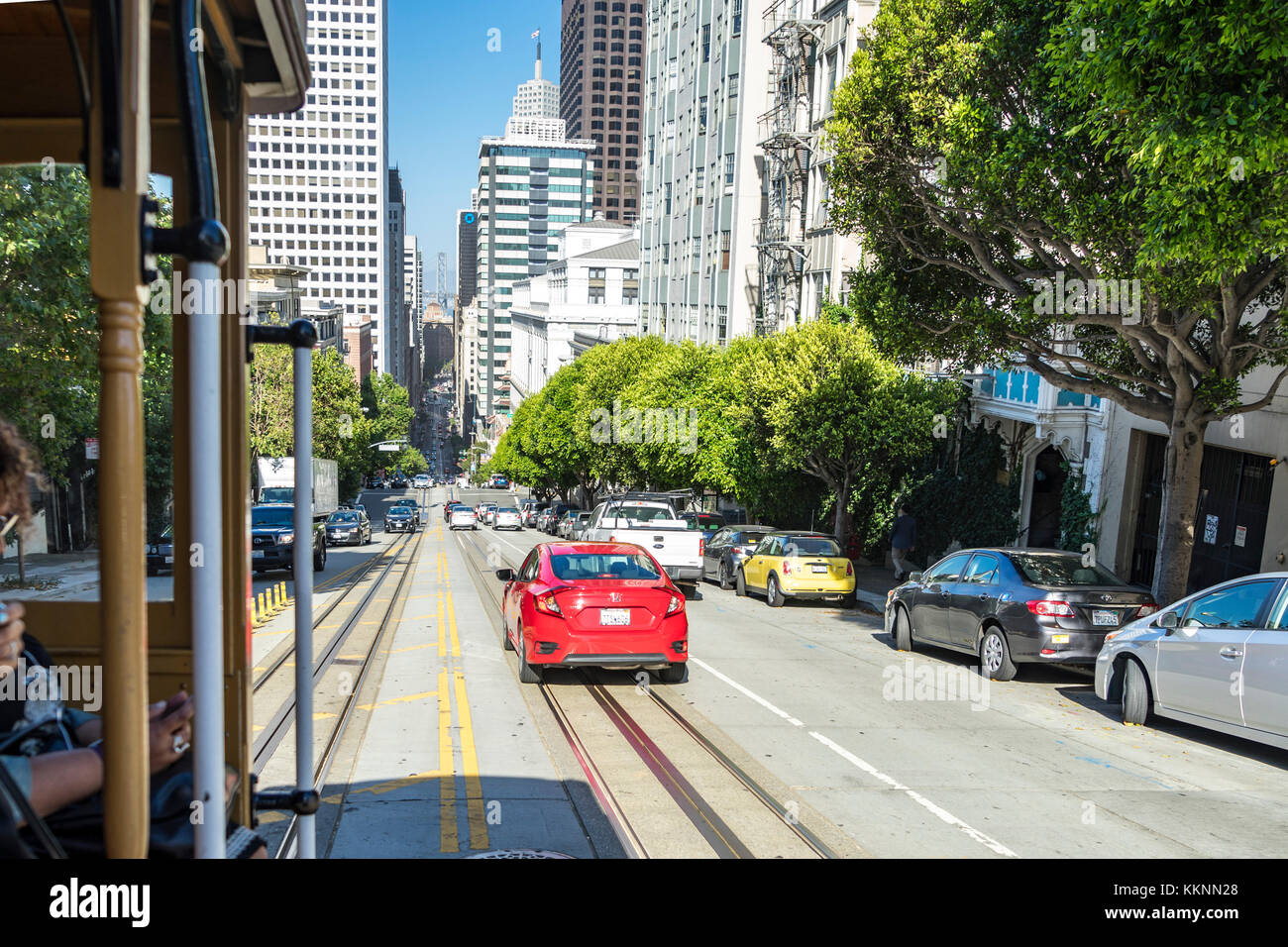 View from the historic CABLE CAR in motion, California Street, Downtown ...