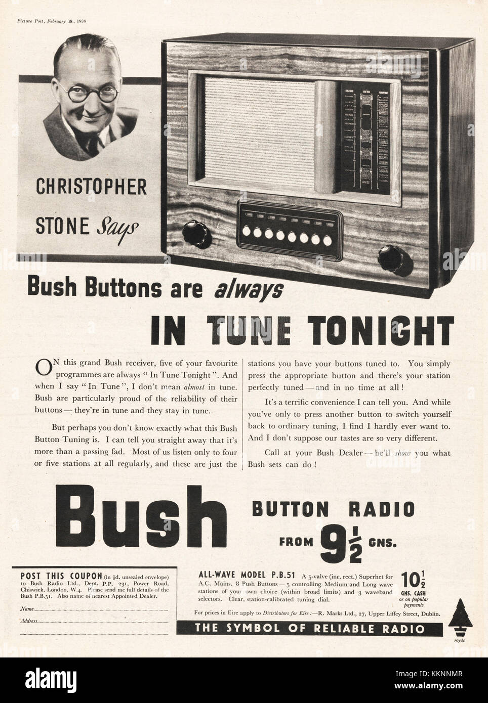 1939 UK Magazine Bush Radio Advert Stock Photo - Alamy