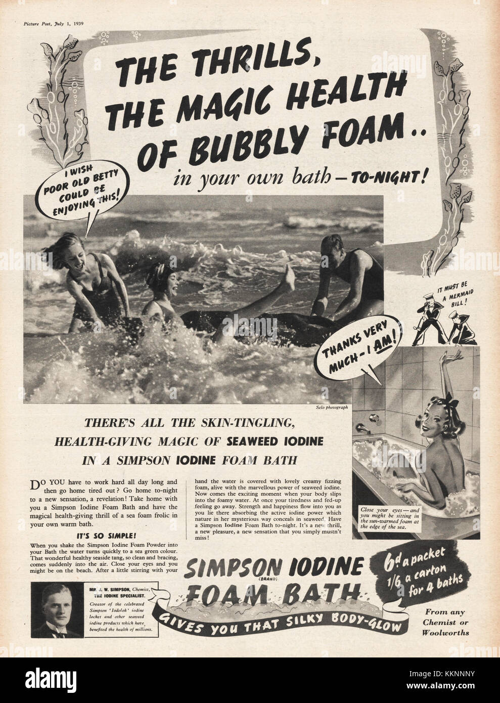 1939 UK Magazine Simpson Iodine Foam Bath Advert Stock Photo - Alamy