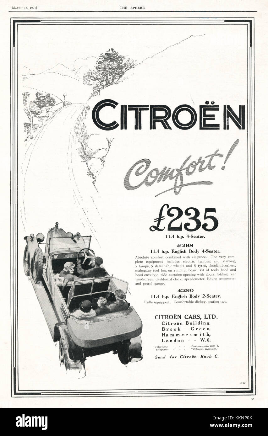 1924 UK Magazine Citroen Car Advert Stock Photo - Alamy