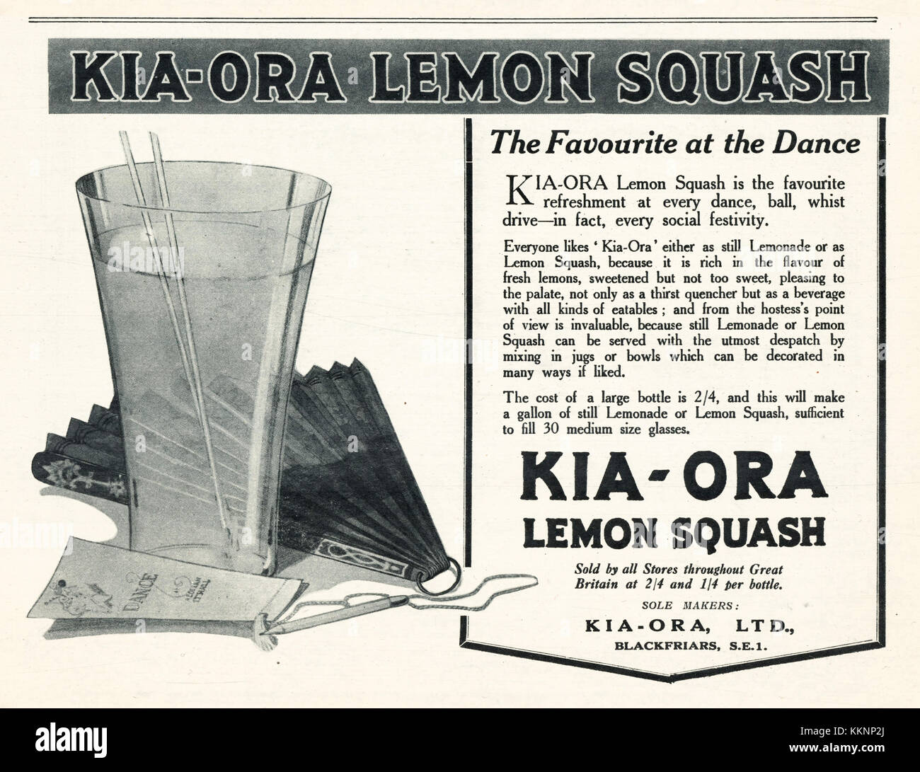1924 UK Magazine Kia-Ora Lemon Squash Advert Stock Photo - Alamy
