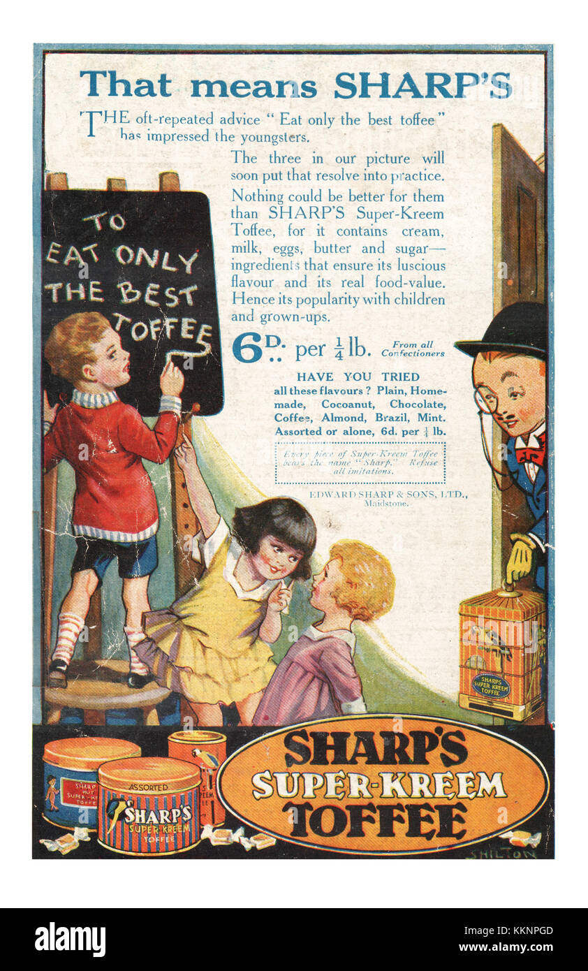 1925 UK Magazine Sharp's Super Kreem Toffee Advert Stock Photo - Alamy