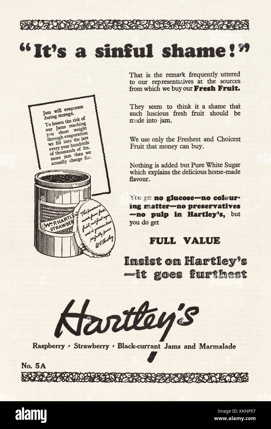 1926 UK Magazine Hartley's Jam Advert Stock Photo - Alamy