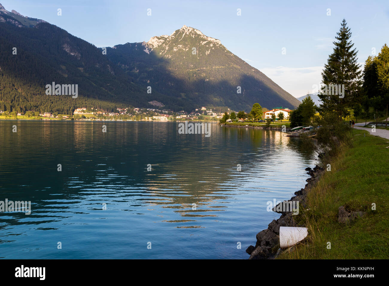 Views at sunset of Lake Achen (Achensee), a lake north of Jenbach in ...