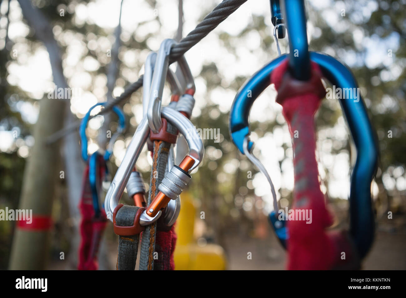Carabiner hanging on rope Stock Photo - Alamy