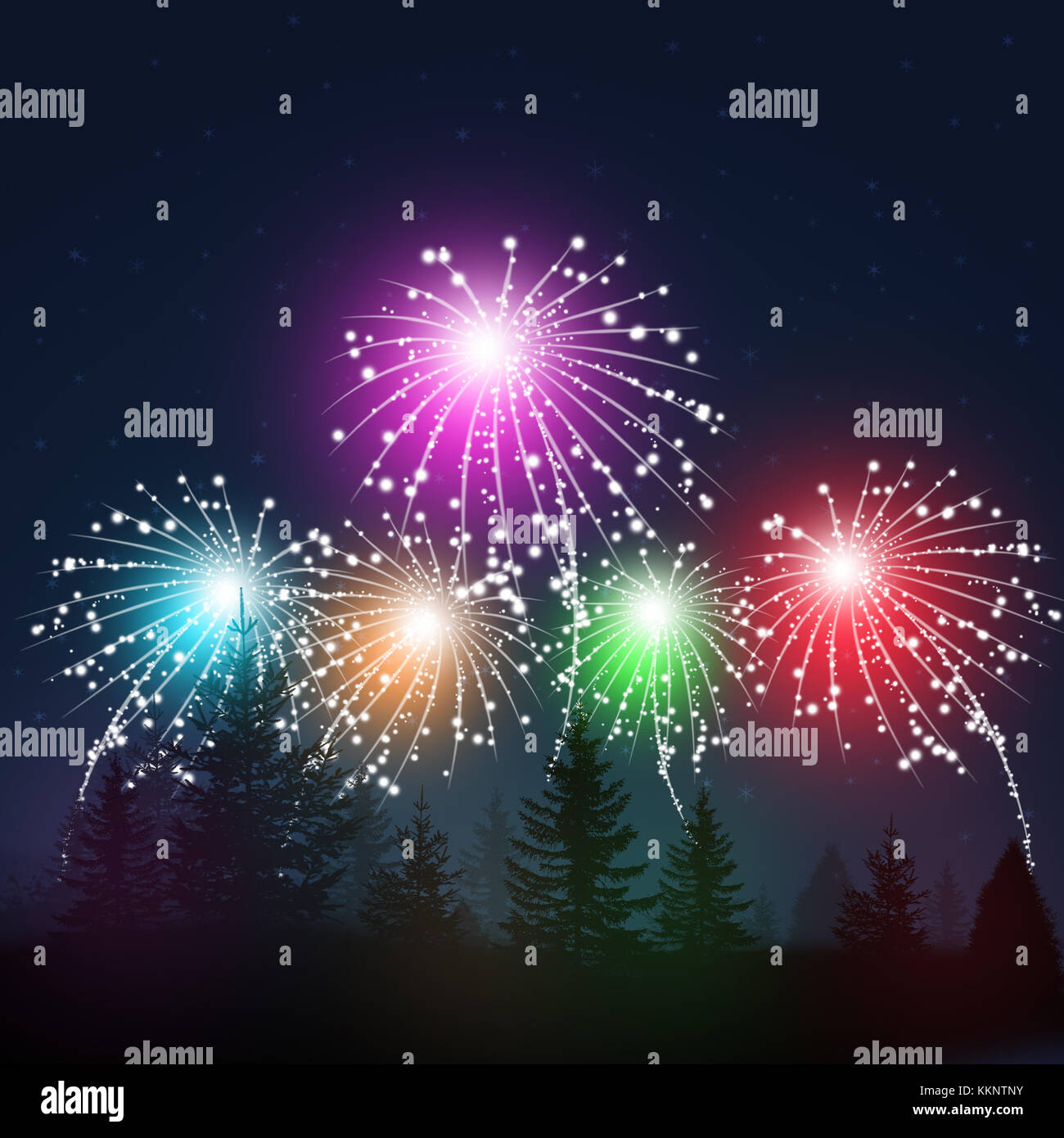 winter snow christmas background with fireworks in forest Stock Photo ...