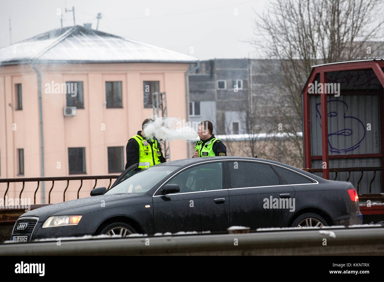 Latvia, Riga - December 1.2017: Municipal police of Riga, Latvia at the ...