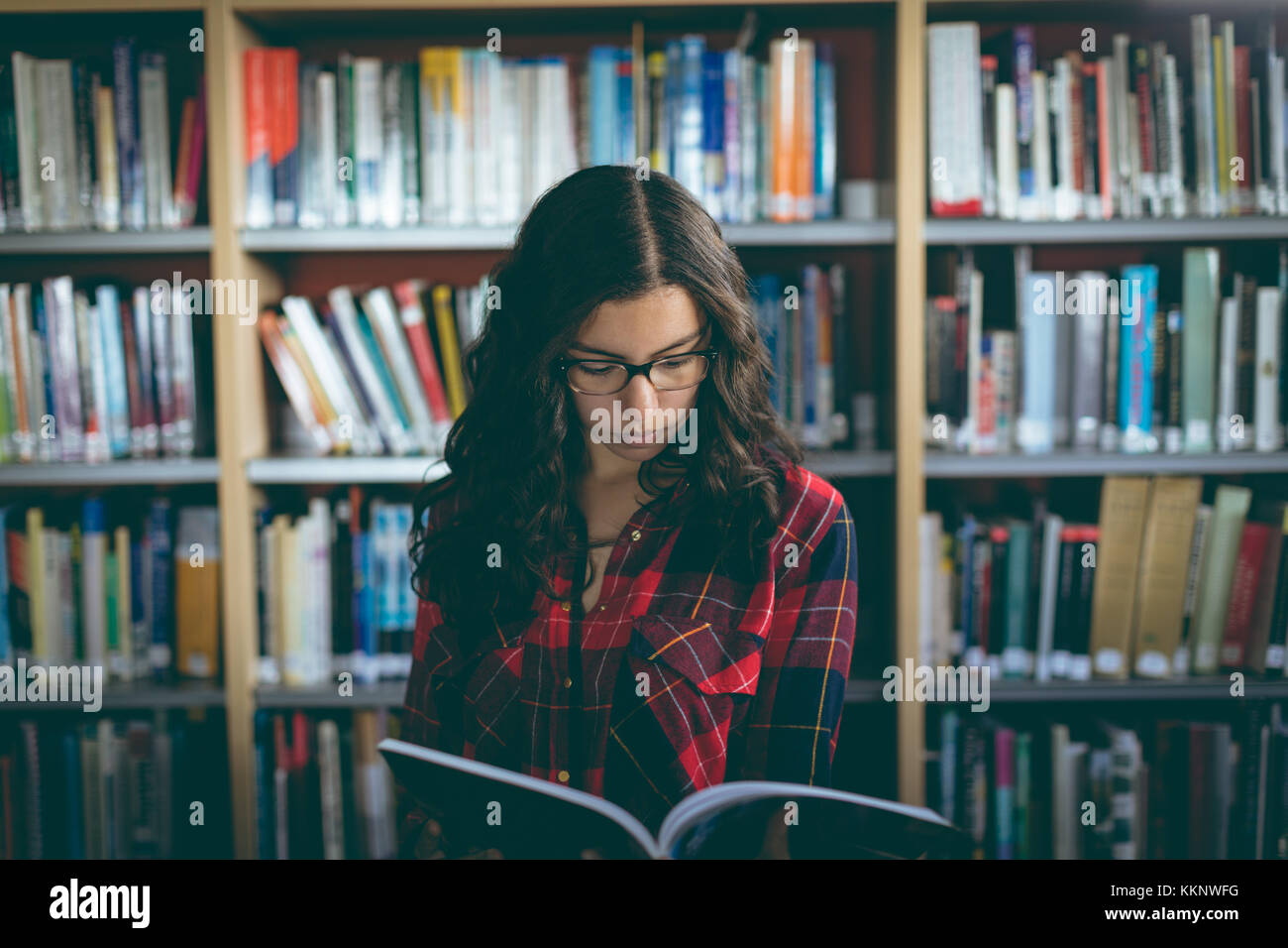 Girl reading book in library Stock Photo - Alamy
