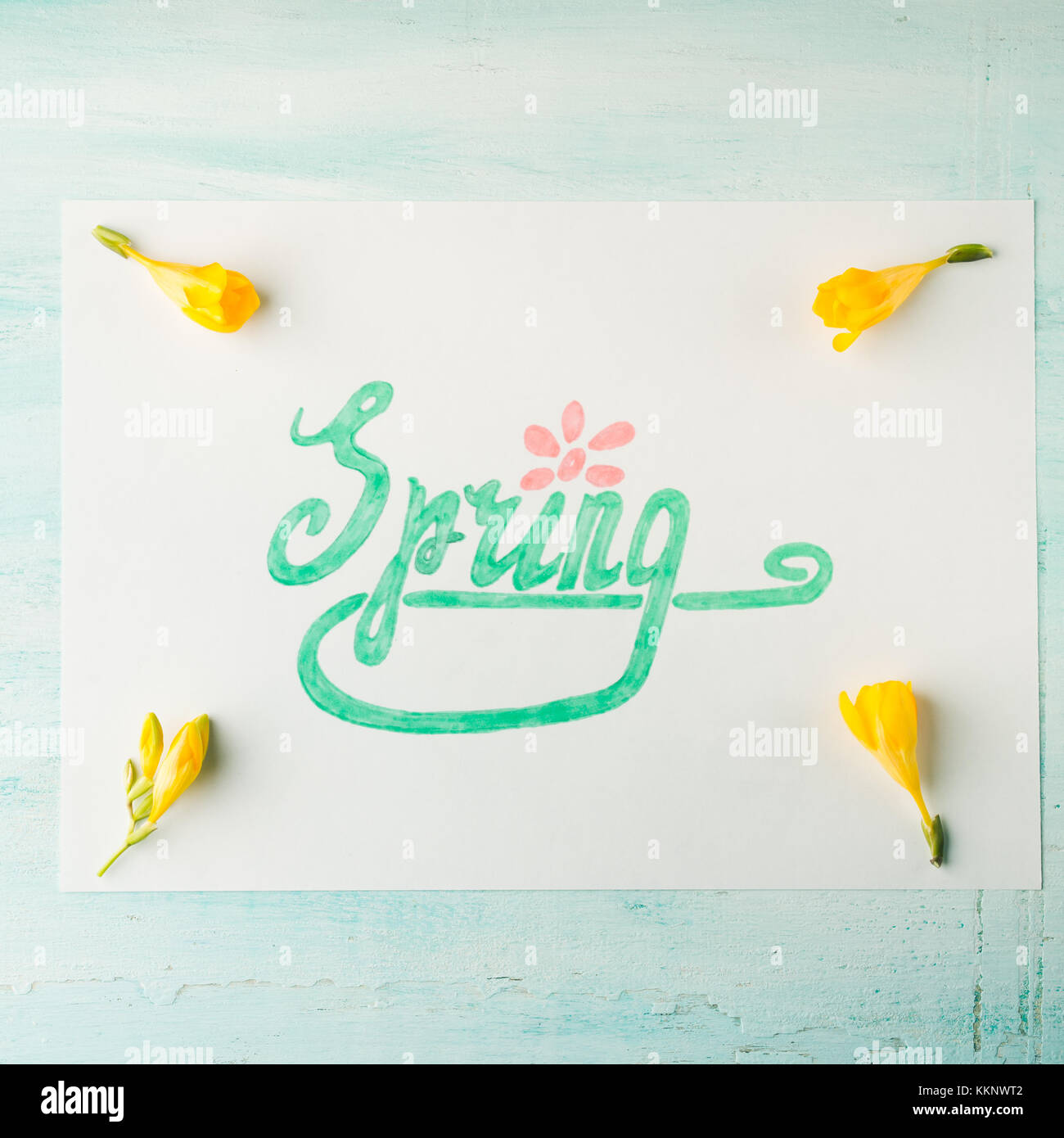 Spring word spelling by hand lettering and yellow flowers frame. Flat ...