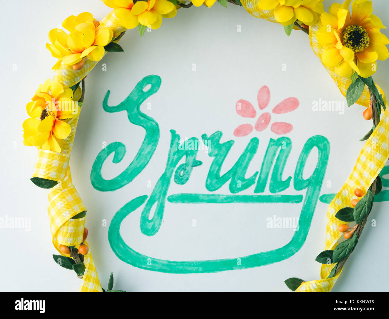 Spring word spelling by hand lettering and flower wreath girl head band ...
