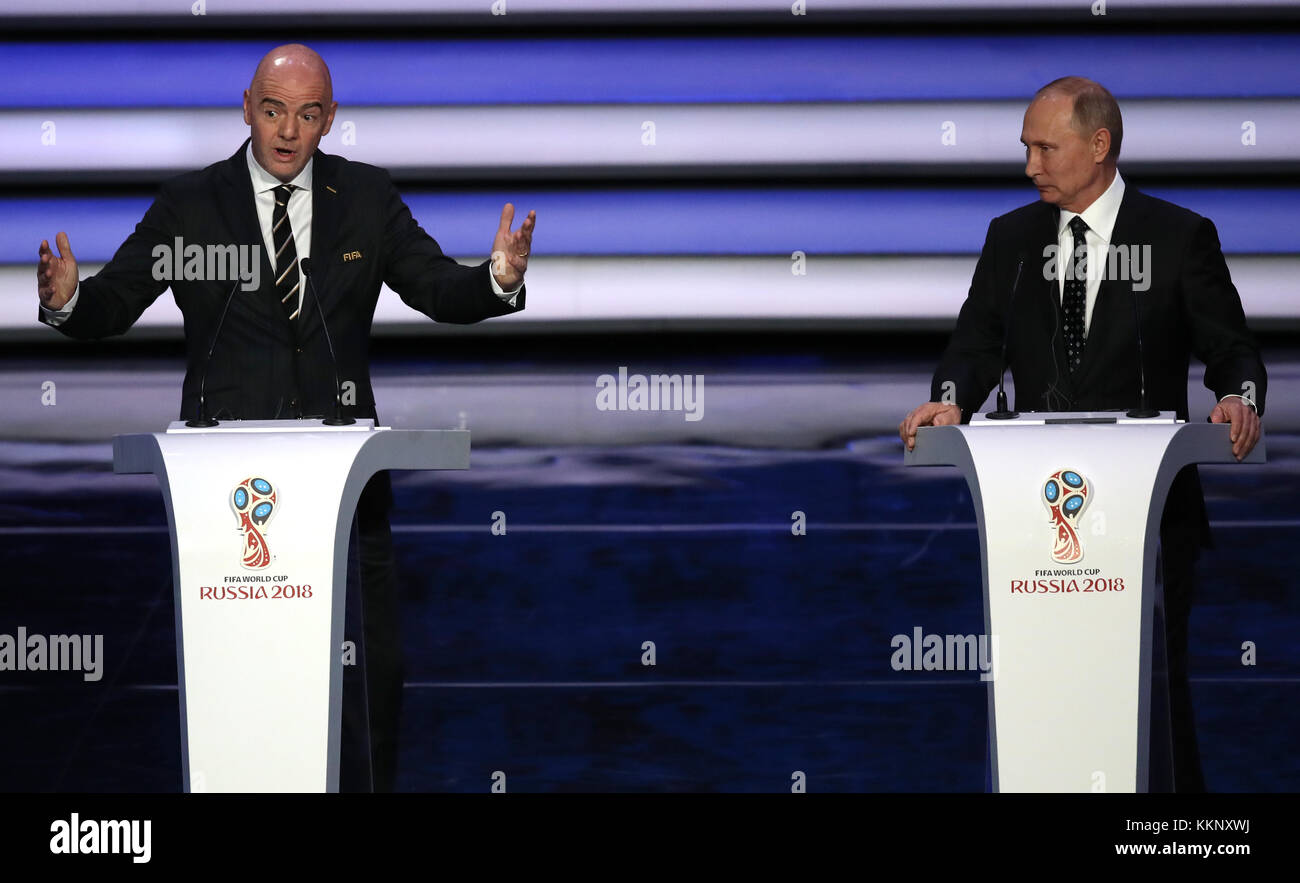Russian president Vladimir Putin (right) speaks alongside FIFA ...