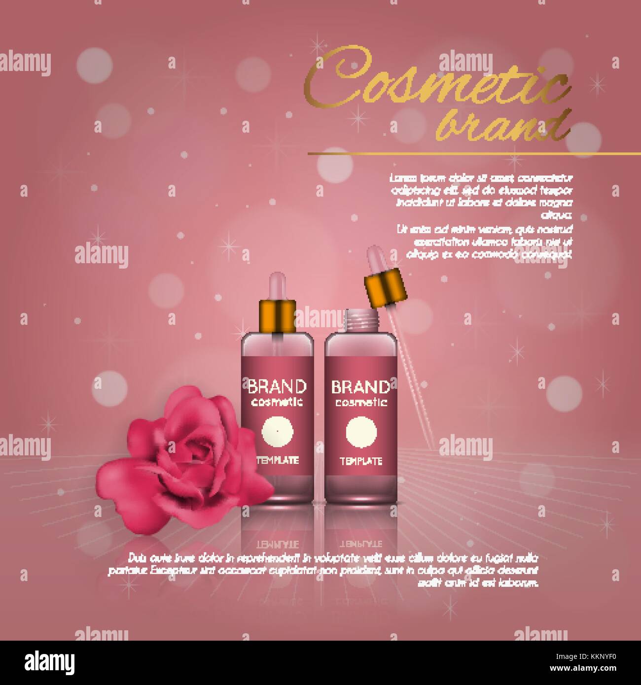 Vector 3D cosmetic illustration with rose and bokeh background. Beauty ...