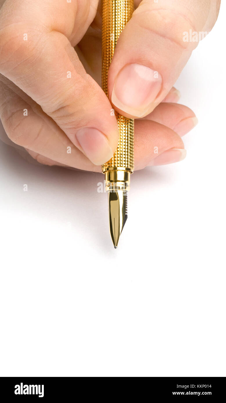 Hands with pen over paper isolated on white background Stock Photo - Alamy