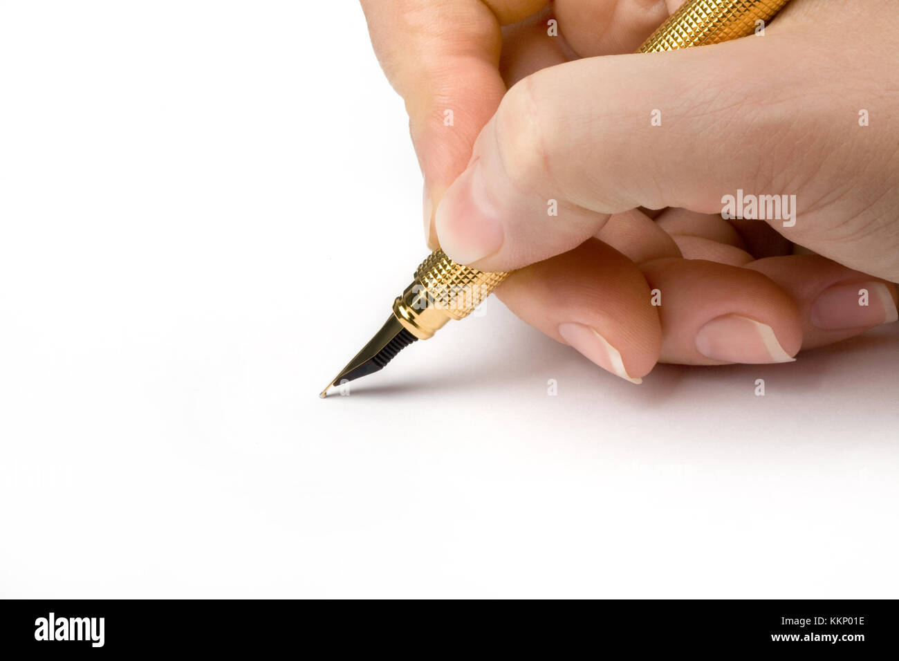 Pen in woman hand isolated on white background Stock Photo - Alamy
