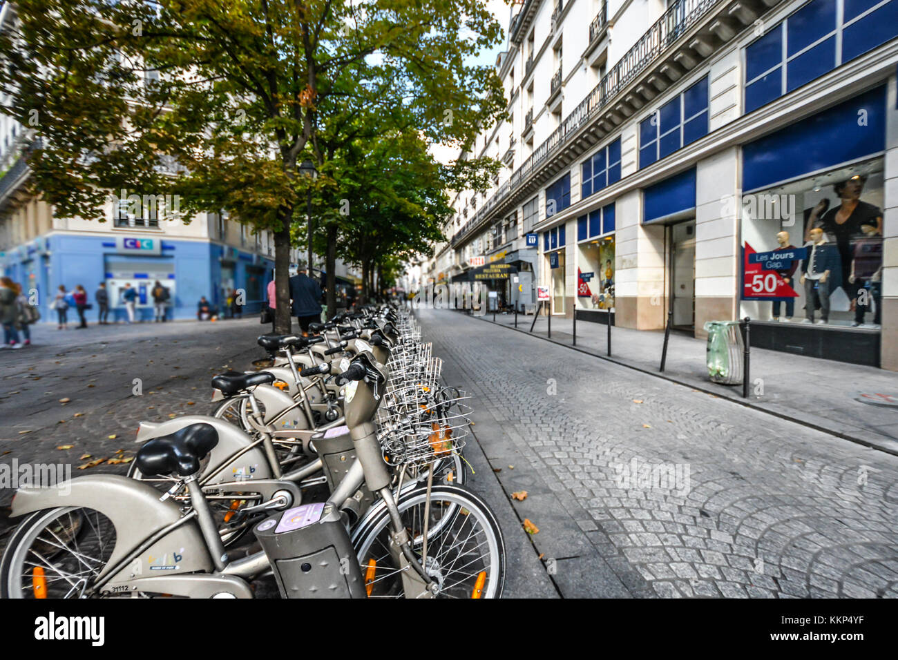 A long row of bicycles for hire in Paris France Stock Photo - Alamy