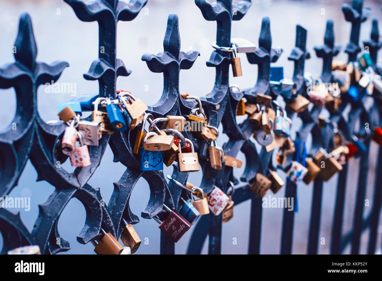 Love padlocks all over the metal fence of Charles Bridge in Prague ...