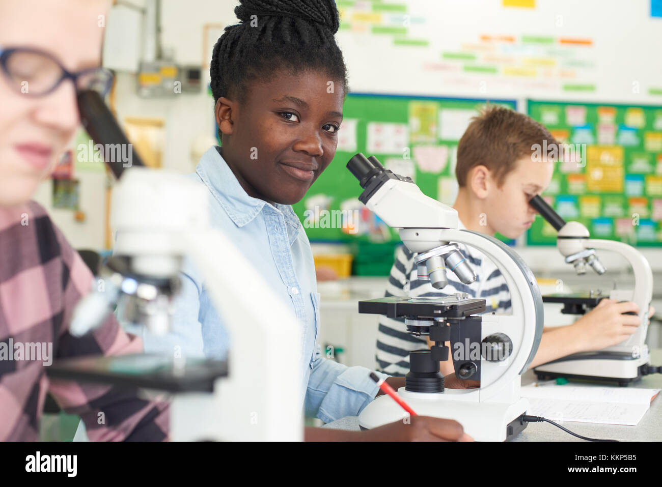 Group Of Pupils Using Microscopes In Science Class Stock Photo - Alamy